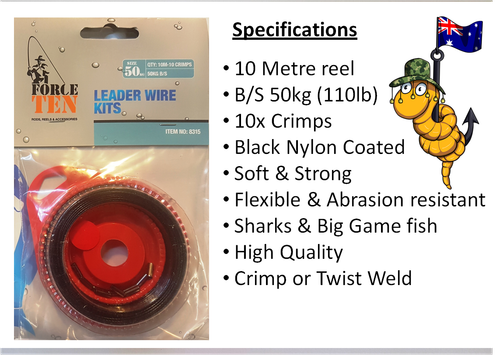 Nylon Coated Wire Trace Leader Kit 50kg 10 Meter 10 Crimps Force Ten ...