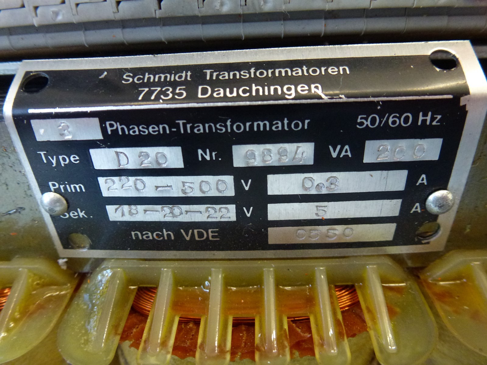 Schmidt D20 3-Phase Transformer 200VA Prim 220-500V 0.3A Sec 18-20-22V ...