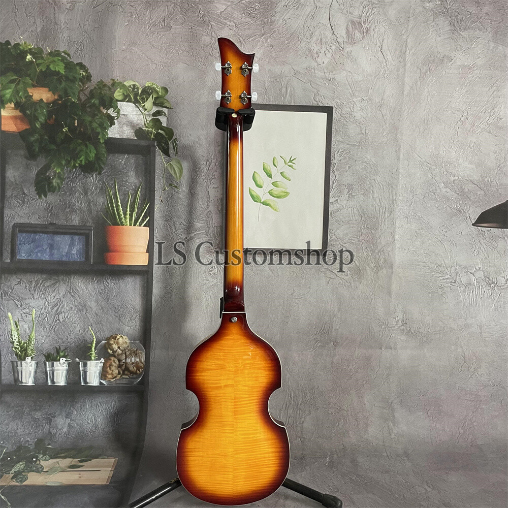 Vintage Sunburst Violin Shaped Bass Hollow Body Guitar Flamed Maple Top ...