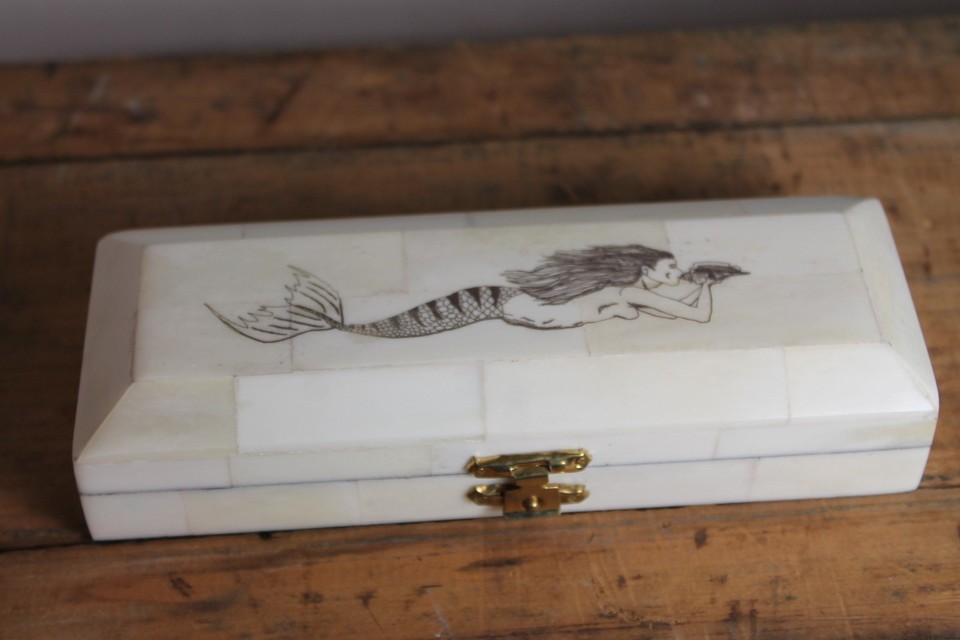 Antique Style Mermaid Scrimshaw Etched Bone & Wood Trinket Stamp ...