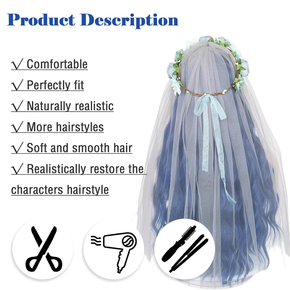 Corpse Cosplay Bride Wig with Veil & Flower Crown & Wig Cap for Women ...