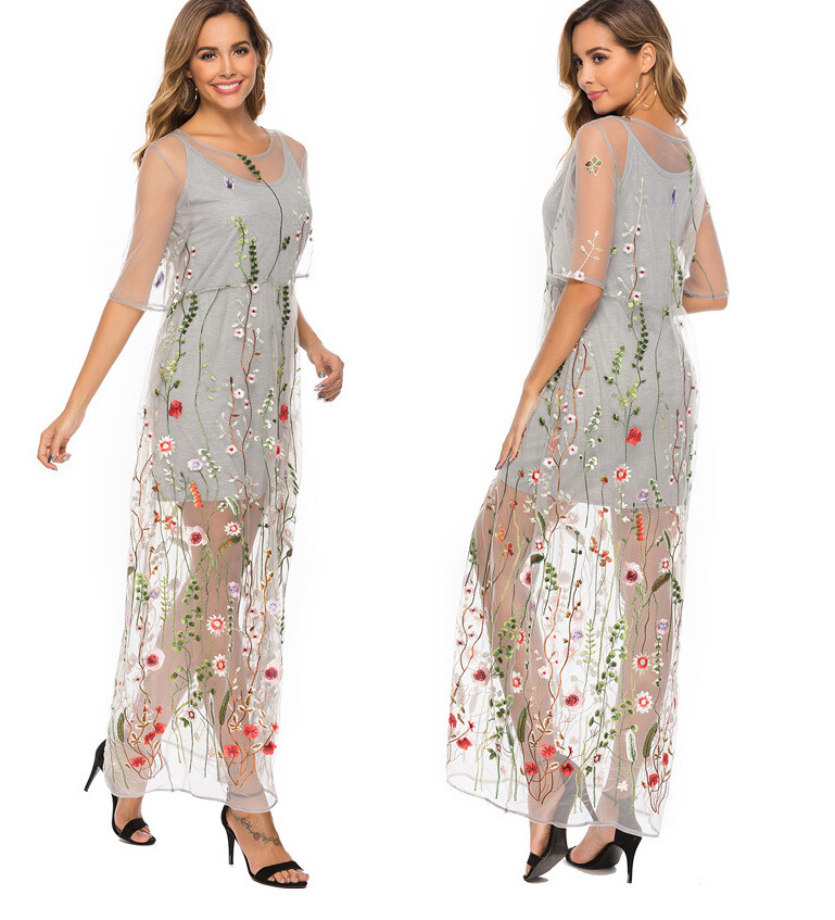 Women Embroidered Gauze Lace Floral Sheer Mesh Cocktail Evening Party ...