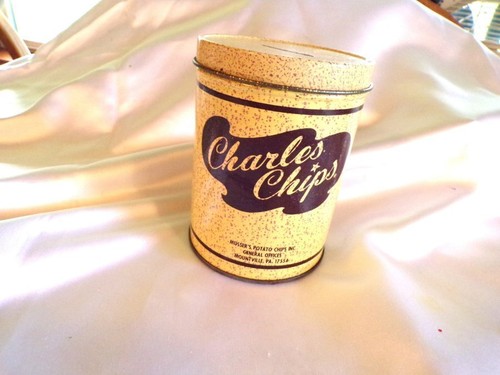 Vintage Charles Chips Chip Round Metal Tin Can With Lid Piggy Bank 5 ...