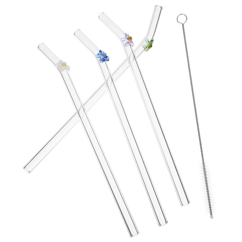 5X Clear Glass Pyrex Drinking Flower Straws Pack Bent Reusable Eco ...