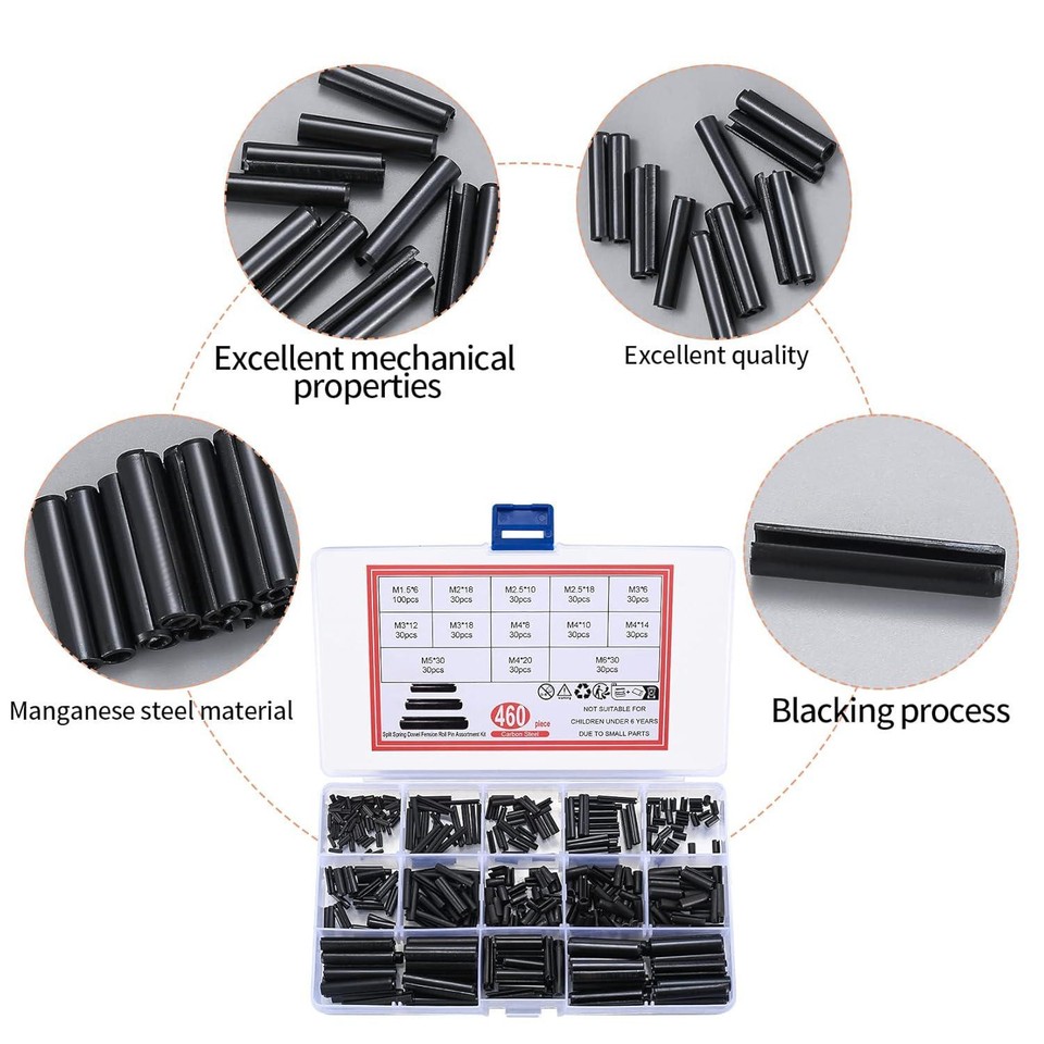 460 Pcs Roll Pin Assortment Set, Slotted Metric Spring Pins Split ...