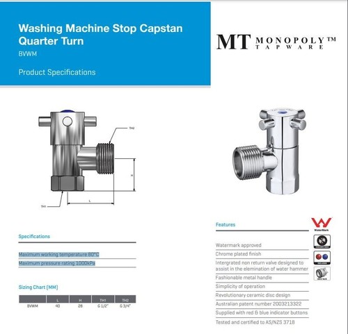 1/4 Turn Ceramic Disc Washing Machine Stop Cock - BVWM Pair X 2 for ...