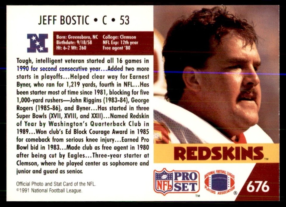 1991 Pro Set Jeff Bostic Washington Redskins #676 | eBay