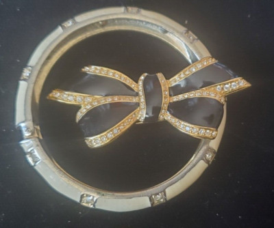 VINTAGE NAPIER BLACK ENAMEL CRYSTAL BOW PIN BROOCH GOLD TONE SIGNED ...