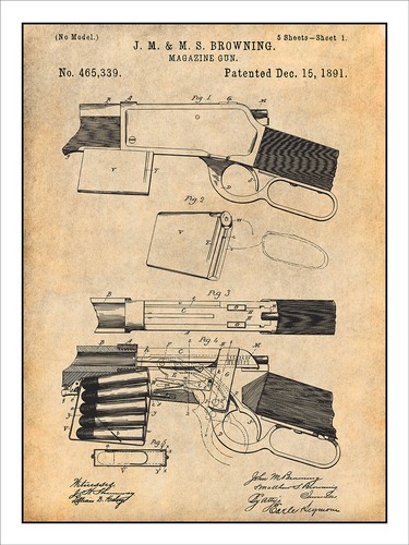 Winchester 1892 Browning Lever Action Rifle Patent Print Art Drawing ...