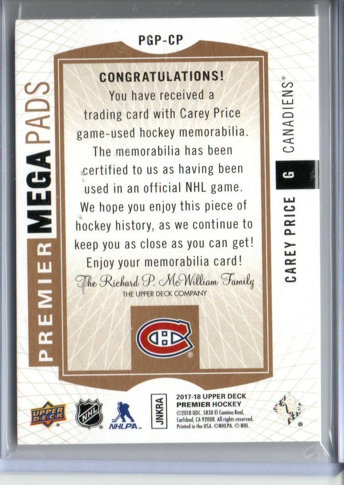2017-18 Upper Deck Premier Carey Price Mega Pads #PGP-CP 5/10 Montreal ...
