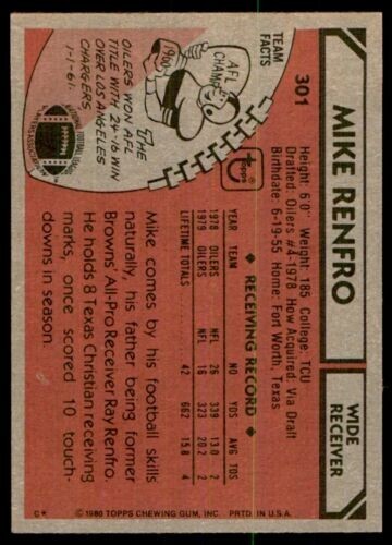 1980 TOPPS MIKE RENFRO ROOKIE HOUSTON OILERS #301 | eBay