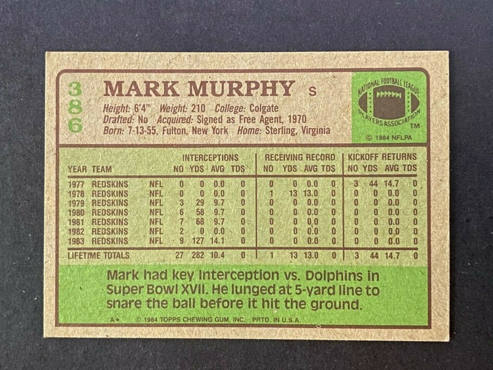 1984 Topps MARK MURPHY #386 Washington Redskins Colgate | eBay