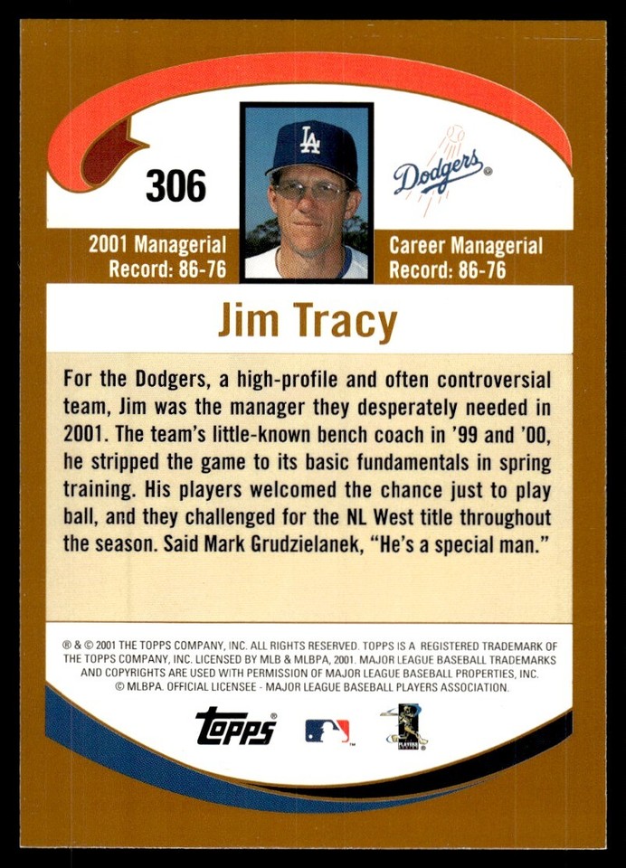 2002 Topps Baseball Card Jim Tracy Los Angeles Dodgers #306 | eBay