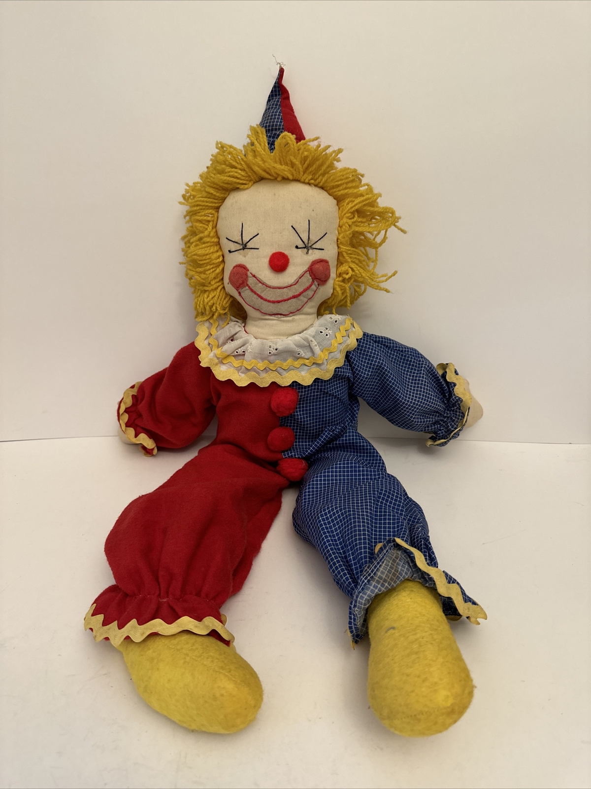 Vintage Rare Folk Art Handmade Cloth Clown Doll Red Poms Raggedy Andy ...