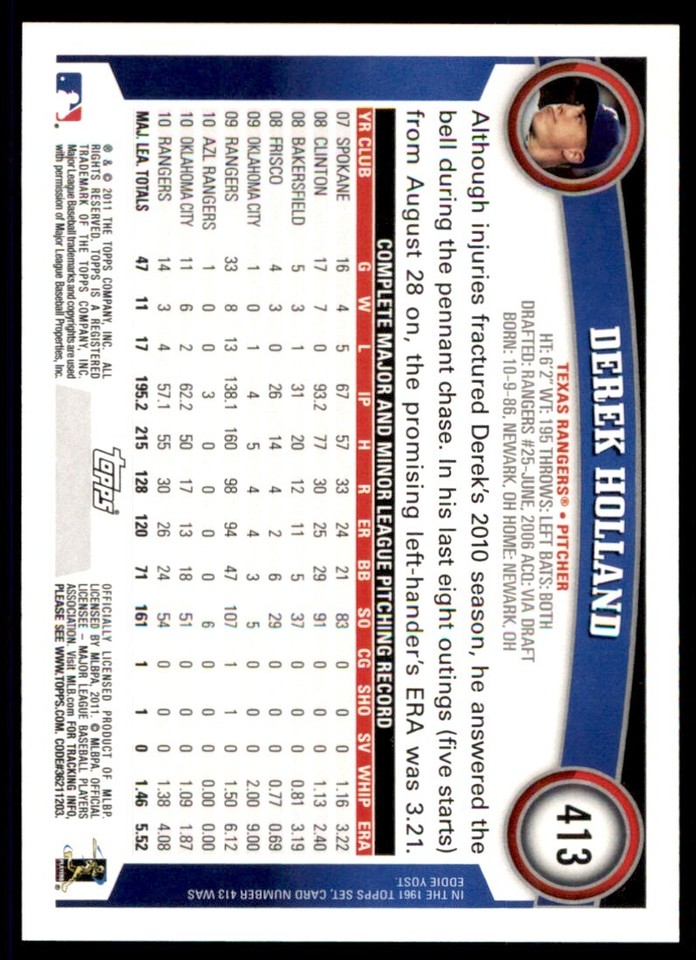 2011 TOPPS #413 DEREK HOLLAND TEXAS RANGERS | eBay