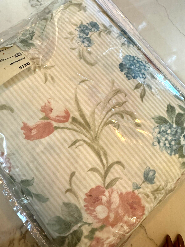 Vintage Queen Size Bedskirt Cottage Core Green Pink Rose Floral NEW ...