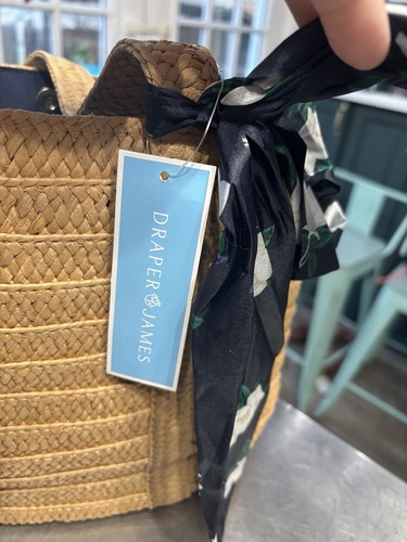 Draper James Straw Tote Bag Navy Floral Silk Scarf Preppy Summer ...