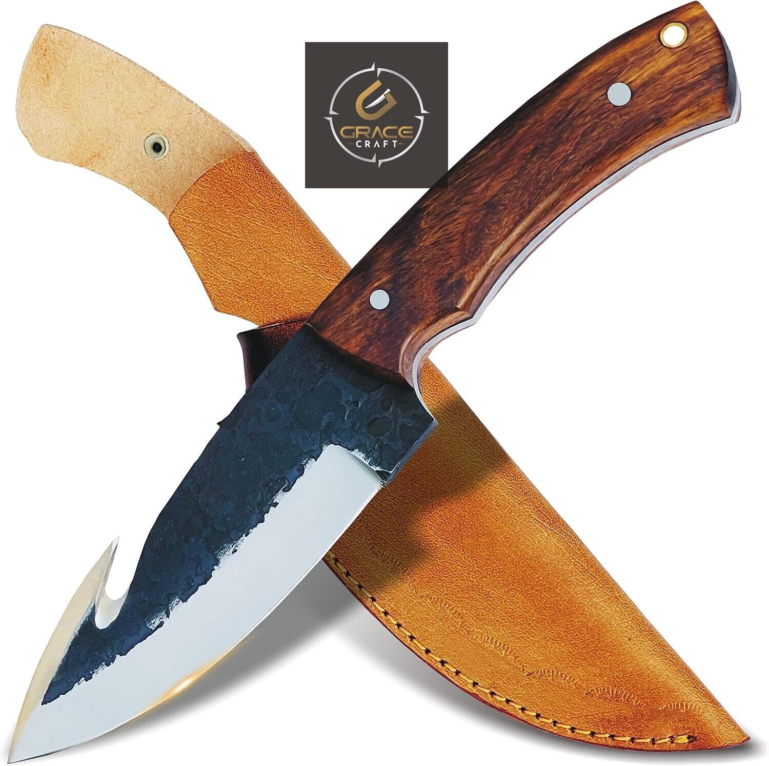 Hand Forged 10" Gut Hook Knife For Deer - Sharp Fixed Blade Skinning ...