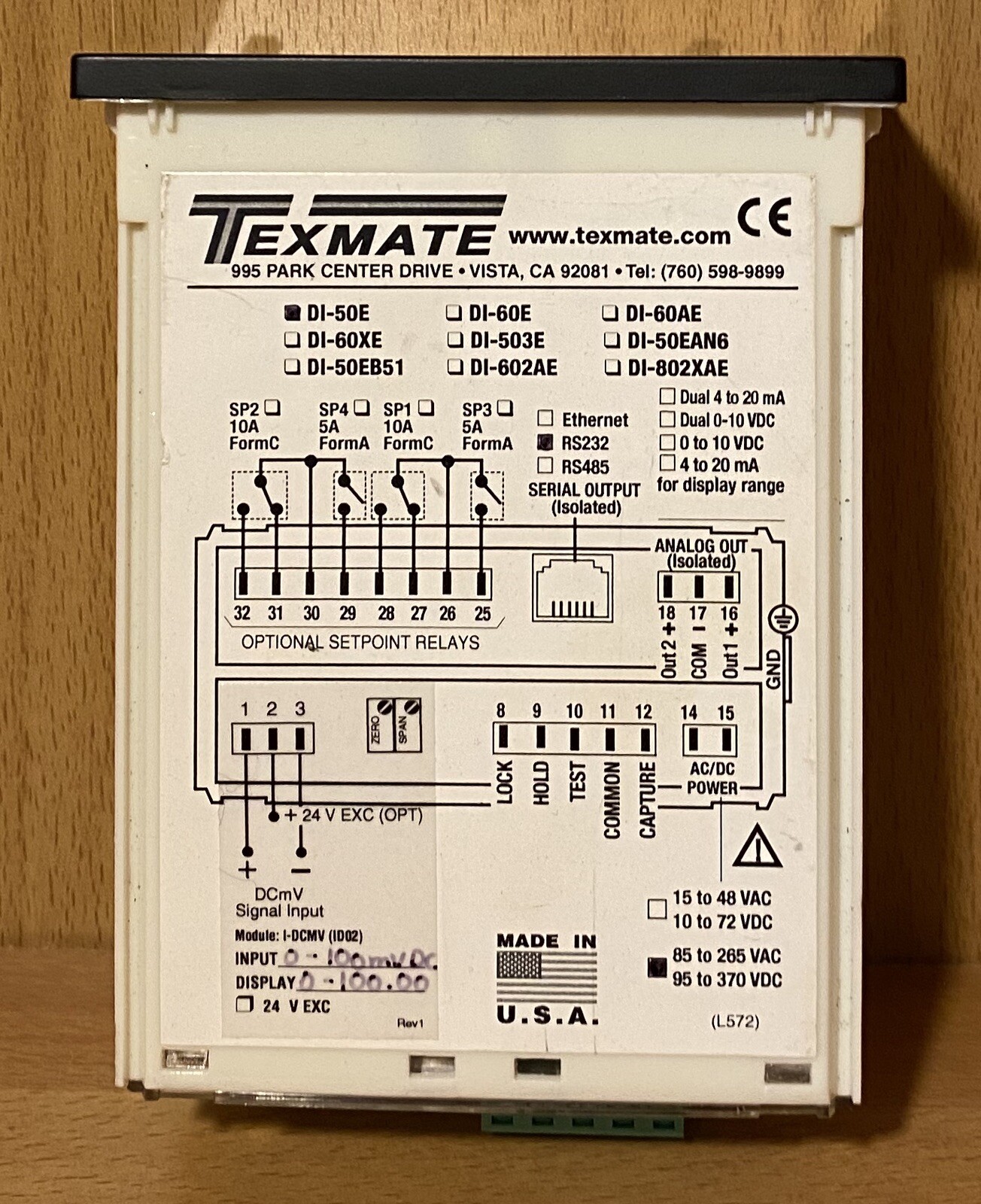 Texmate DI-50E Digital Panel Meter SP2, SP1, RS232, 85 to 48VAC, 95 to ...