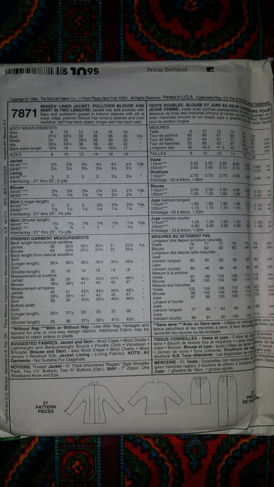 McCalls NYNY Collection Pattern 7871 Kimono Jacket Blouse Skirt Size 12 ...