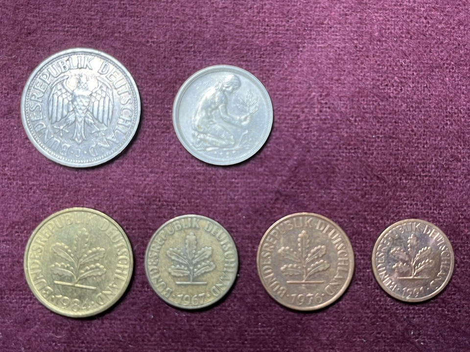 DEUTSCHE MARK SET OF COINS 1 MARK COIN 50 10 5 2 1 PFENNIG COINS GERMAN ...