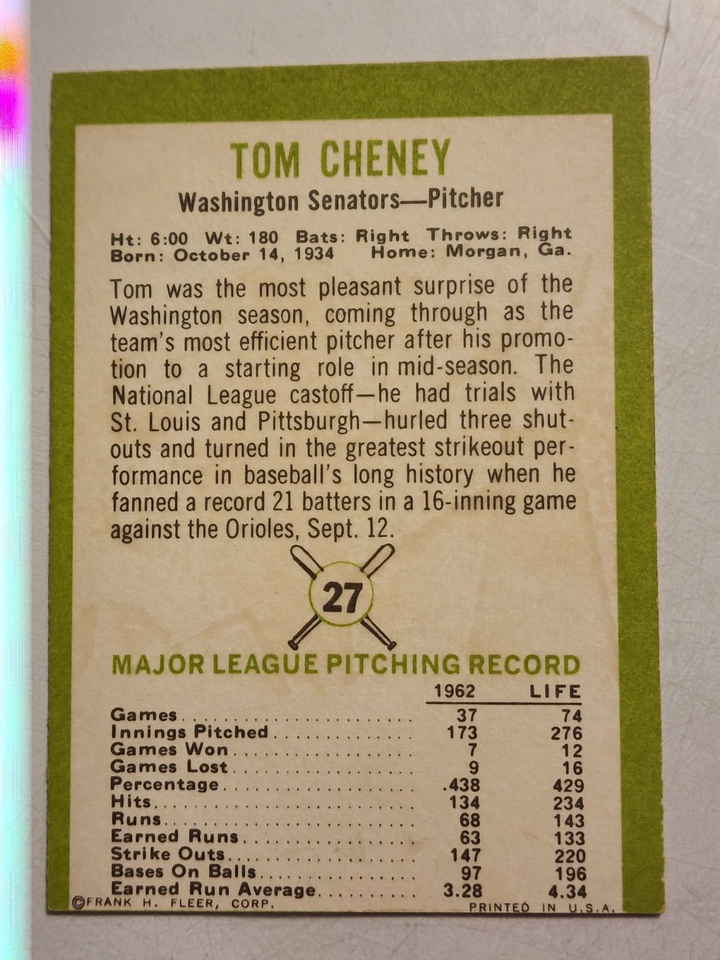 1963 FLEER BASEBALL TOM CHENEY CARD #27 WASHINTON SENATORS BASEBALL ...