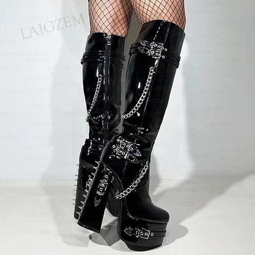 Women Knee High Boots Round Toe Platform Chains Studded Zip Up Chunky ...