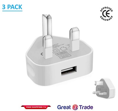 3 x UK Main Wall 3 Pin Plug Adaptor Charger USB Port for Phones Tablets ...