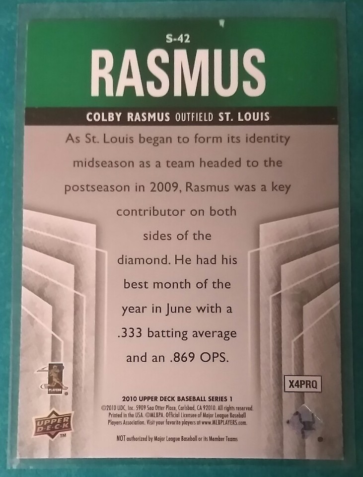 2010 UPPER DECK SUPREME GREEN COLBY RASMUS #42 CARDINALS BLUE JAYS ...