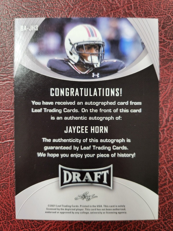 Jaycee Horn 2021 LEAF DRAFT ROOKIE RC AUTO #BA-JH3 CAROLINA PANTHERS ...