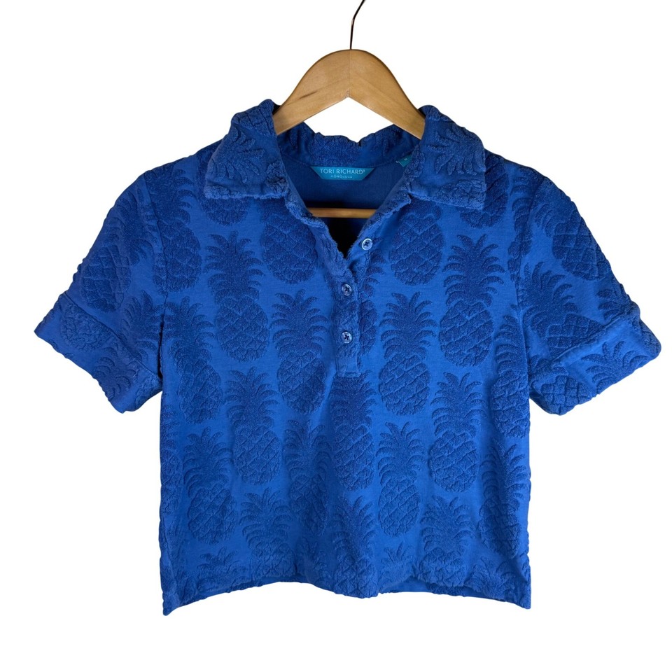 Tori Richard Pineapple Bungalow Charlene Blue Textured Polo Shirt Women ...