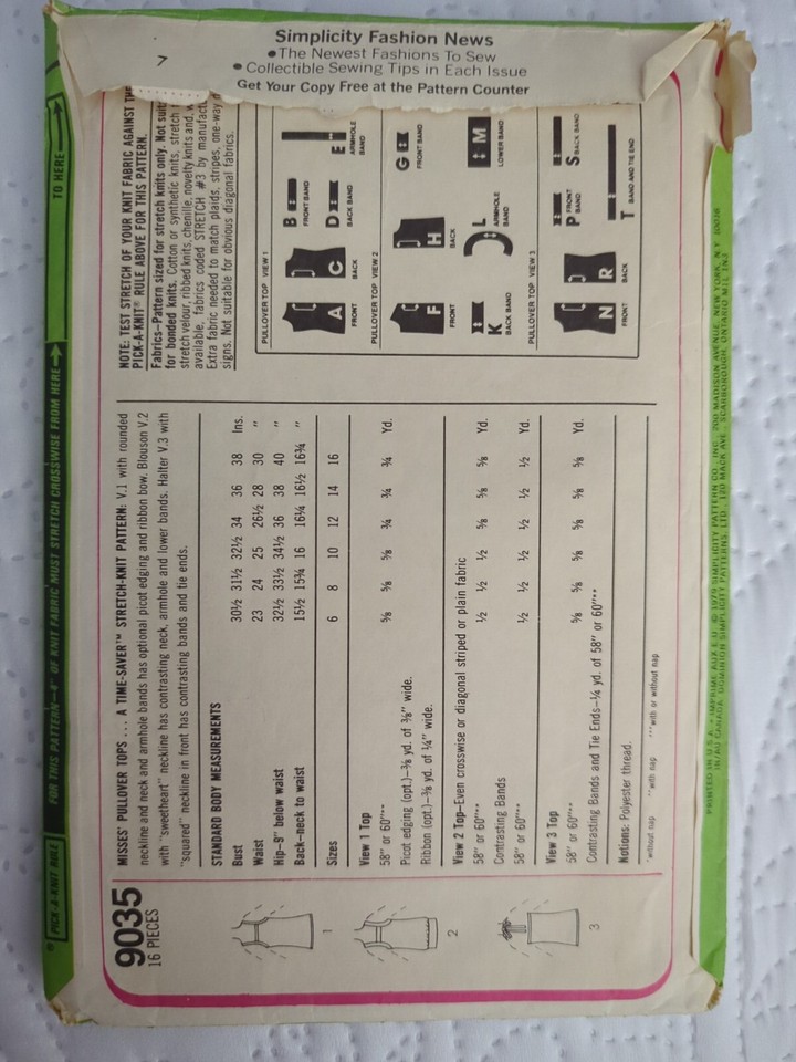 Simplicity Misses Pullover Top Sizes 8-12 Uncut Pattern 9035 For ...