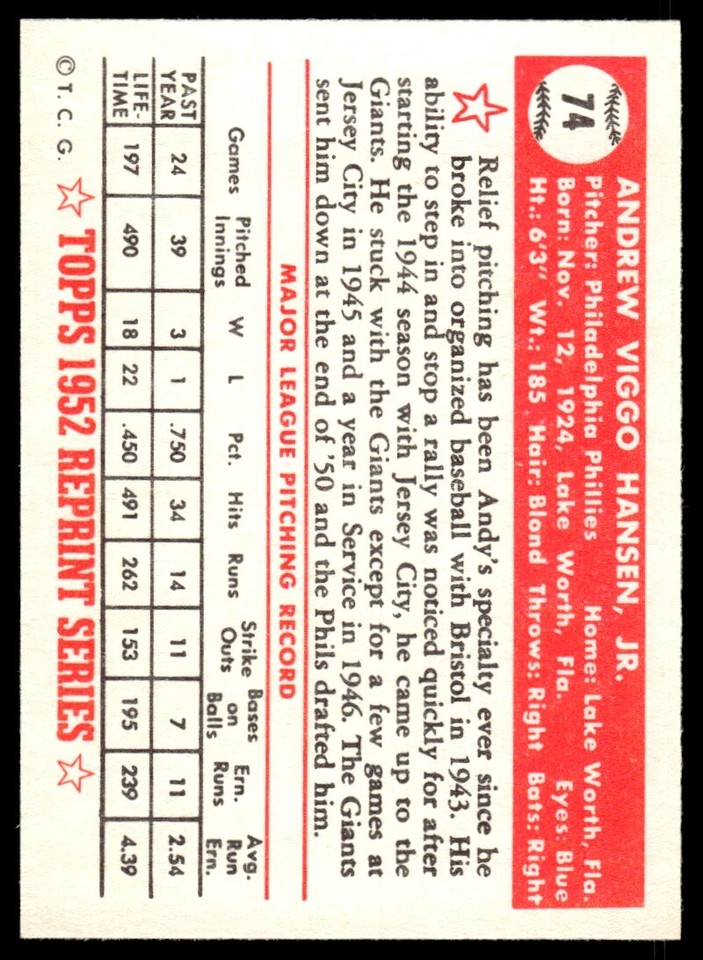 1983 Topps 1952 Reprint Series Andy Hansen NMMT COND Philadelphia ...