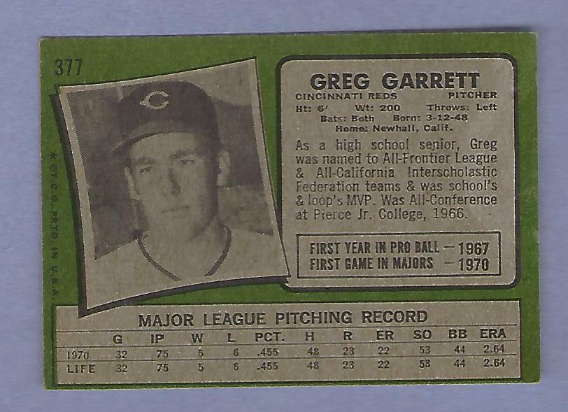 1971 Topps - #377 Greg Garrett - Cincinnati Reds - ExMt+ | eBay