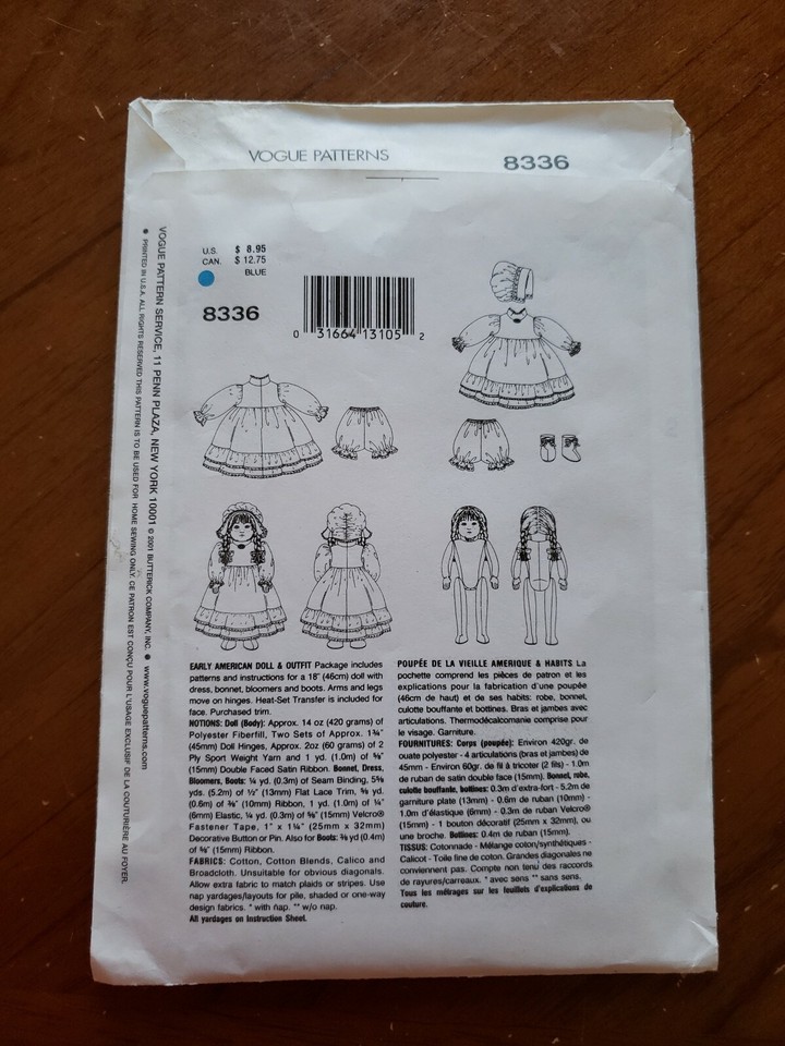 Vogue Craft 8336 PATTERN early American soft doll with outfit Linda ...