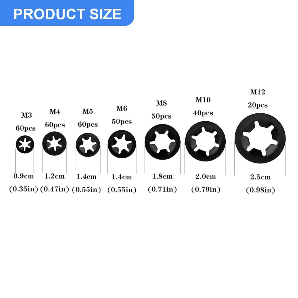 340pc Internal Tooth Star Lock Spring Quick Washer Push On Speed Nut ...