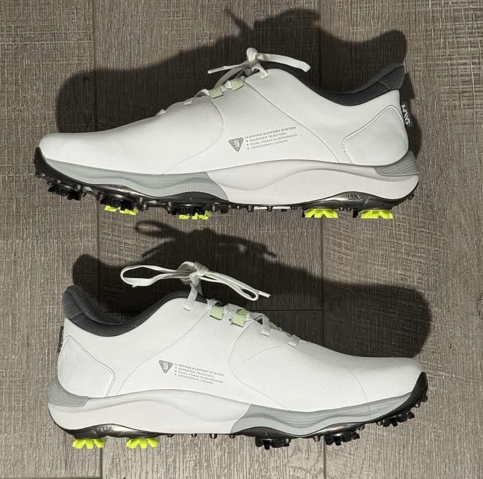 NWOB UNDER ARMOUR UA DRIVE PRO SPIKE GOLF SHOES 3026918-100 WHITE GREY ...
