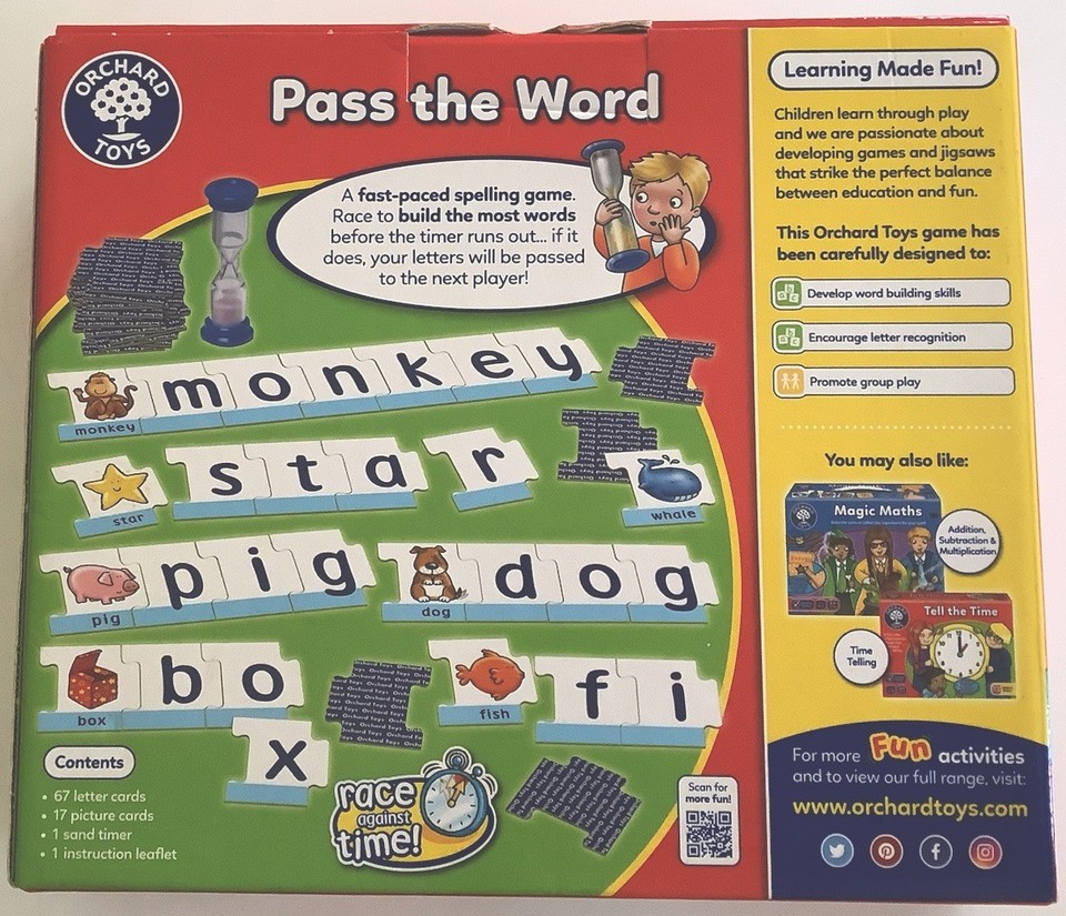 Pass The Word Spelling Board Game Orchard Toys 5-9 Year Olds All Pieces ...