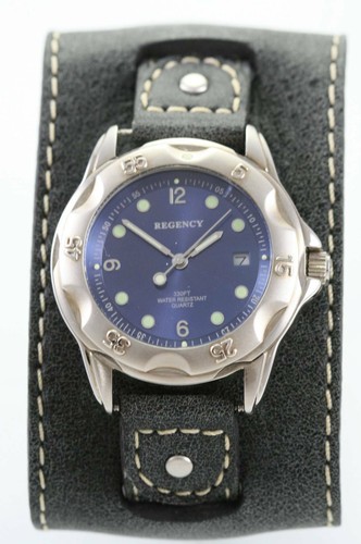Regency Watch Mens Blue 100m Date Stainless Silver Gray Wide Leather ...