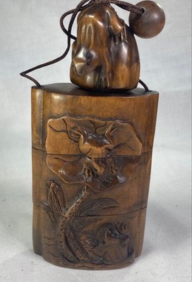 Japanese Wooden Inro Pill Box Frog & Crane Carving Netsuke from Japan ...