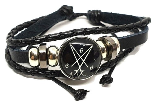 Satan Lucifer Bracelet Occult Satanic Symbol Leather Cuff Baphomet Cord ...