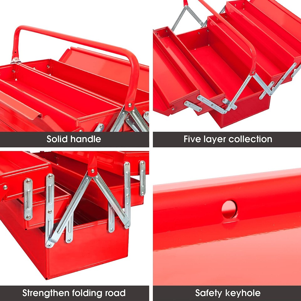 18" Metal Tool Box, Portable Steel Tool Cabinet with 5 Cantilever Tool ...