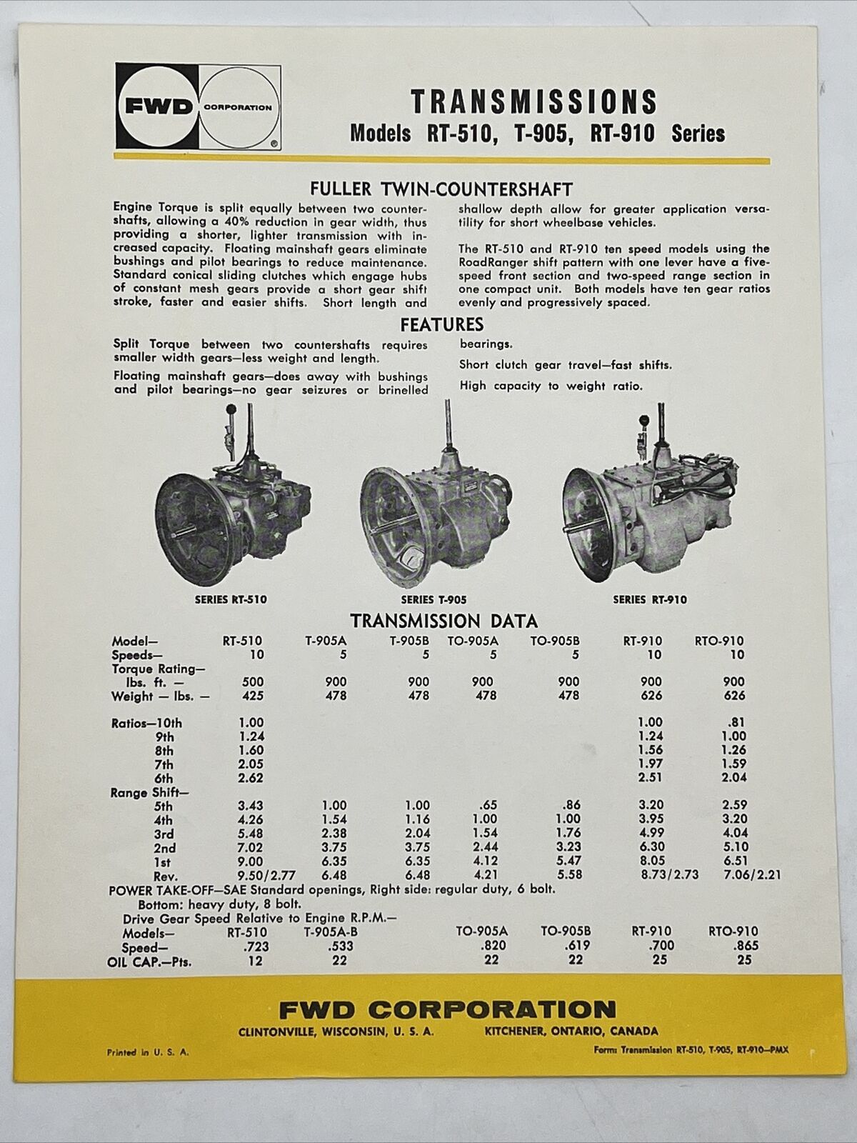 1964 FWD CORPORATION TRANSMISSIONS MODELS RT-510 T-905 Data Specs ...