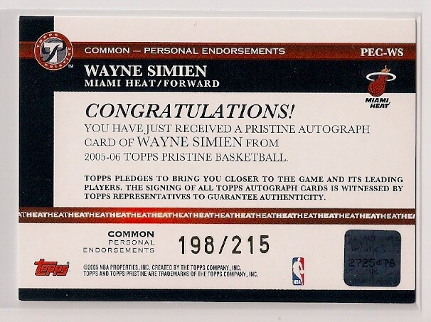 2005-06 WAYNE SIMIEN PRISTINE ROOKIE AUTO 198/215 KANSAS JAYHAWKS BIG ...