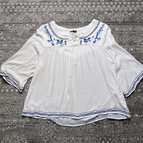 Hannah Plus Embroidered Peasant Blouse Top Womens 1X White Blue Beachy ...