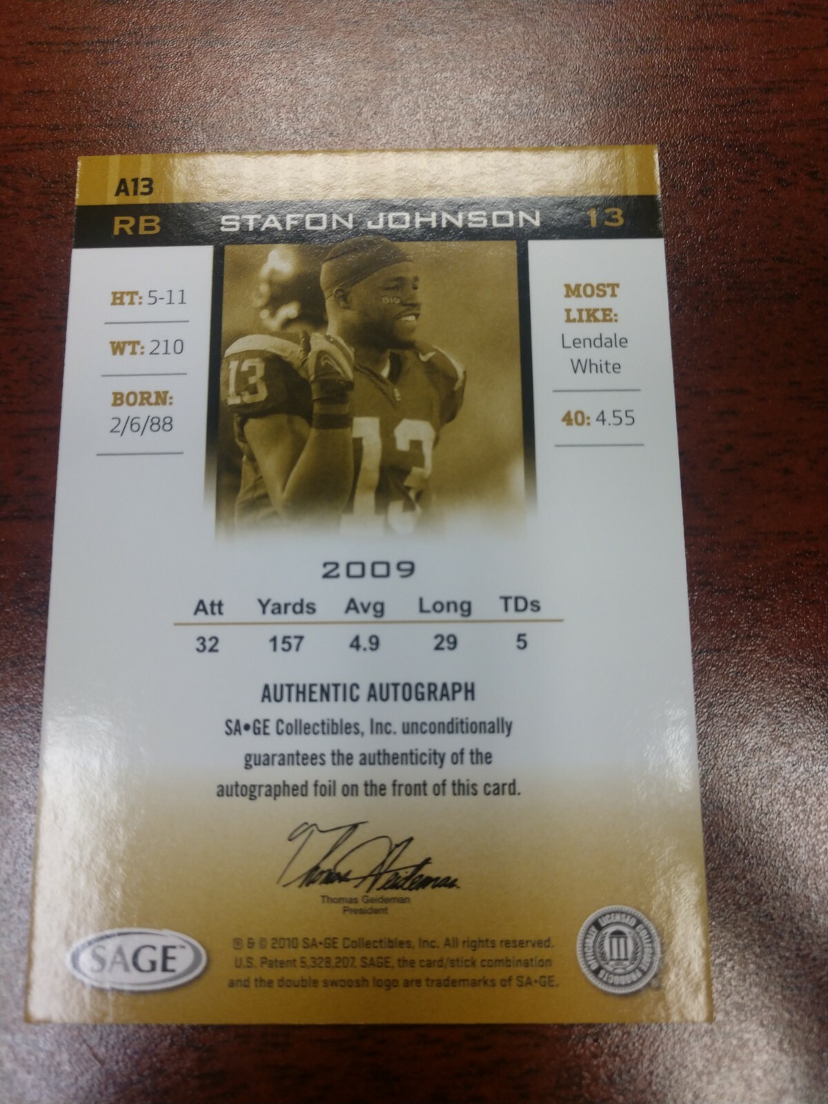 2010 Sage Hit Stafon Johnson Auto Autograph A13 | eBay