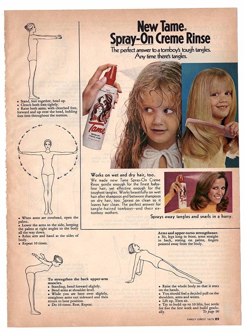 vintage 1970s magazine print ad Tame Spray-On Creme Rinse hair care no ...
