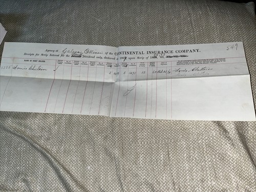 Antique! 1867 Dividend Interest Receipt Continental Insurance Galena IL ...