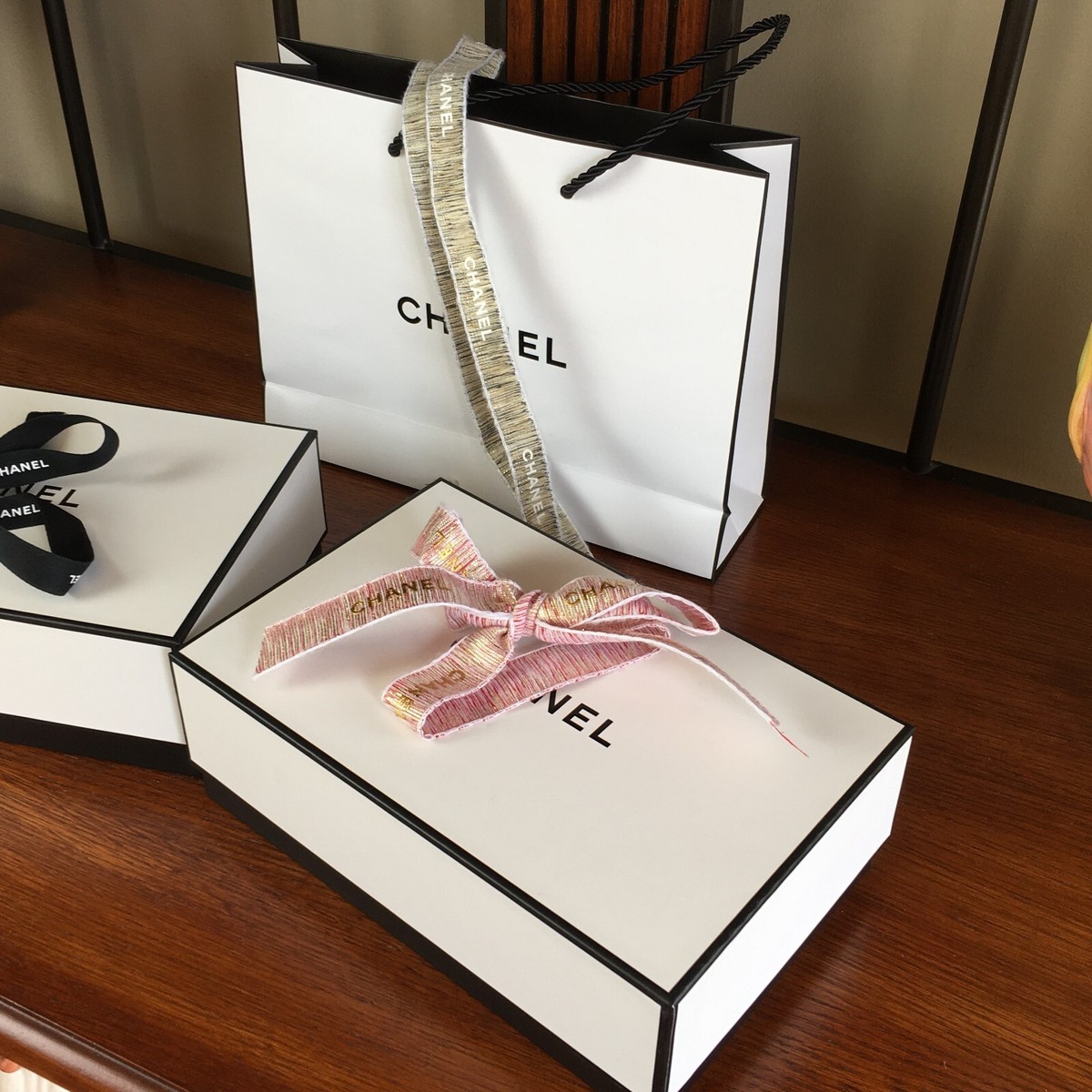 Chanel White Gift Boxes Tote Bag Black Tan Pink Fabric Chanel White Gift Boxes Tote Bag Black Tan Pink Fabric