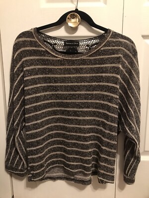 Long Sleeve Grey, Black & Cream Striped Crochet/Lace Back Knit Top Size ...